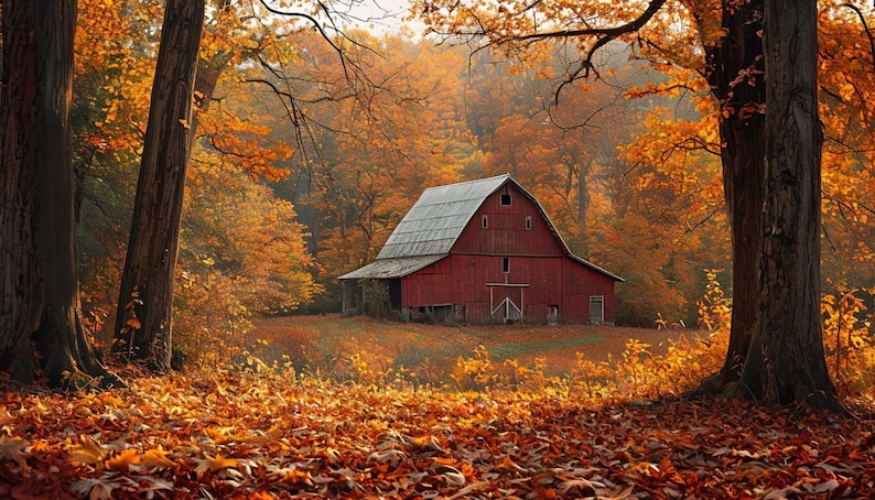 Vintage Oil Painting, Digital Print, Red Barn, Autumn, Fall Landscape ...