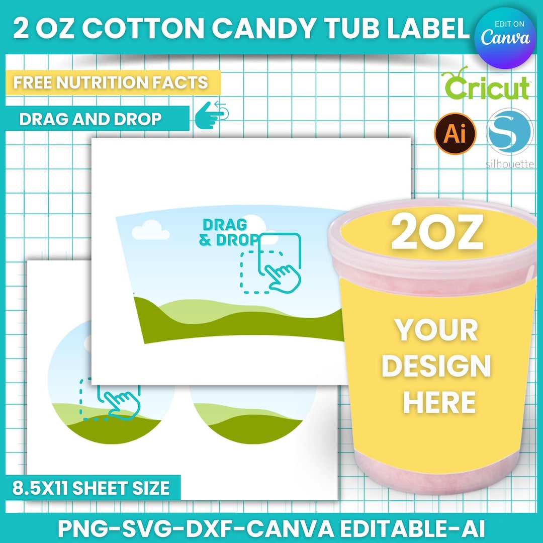 2oz Cotton Candy Tub Label Template: Canva Editable (8.5x11" Sheet) - Etsy