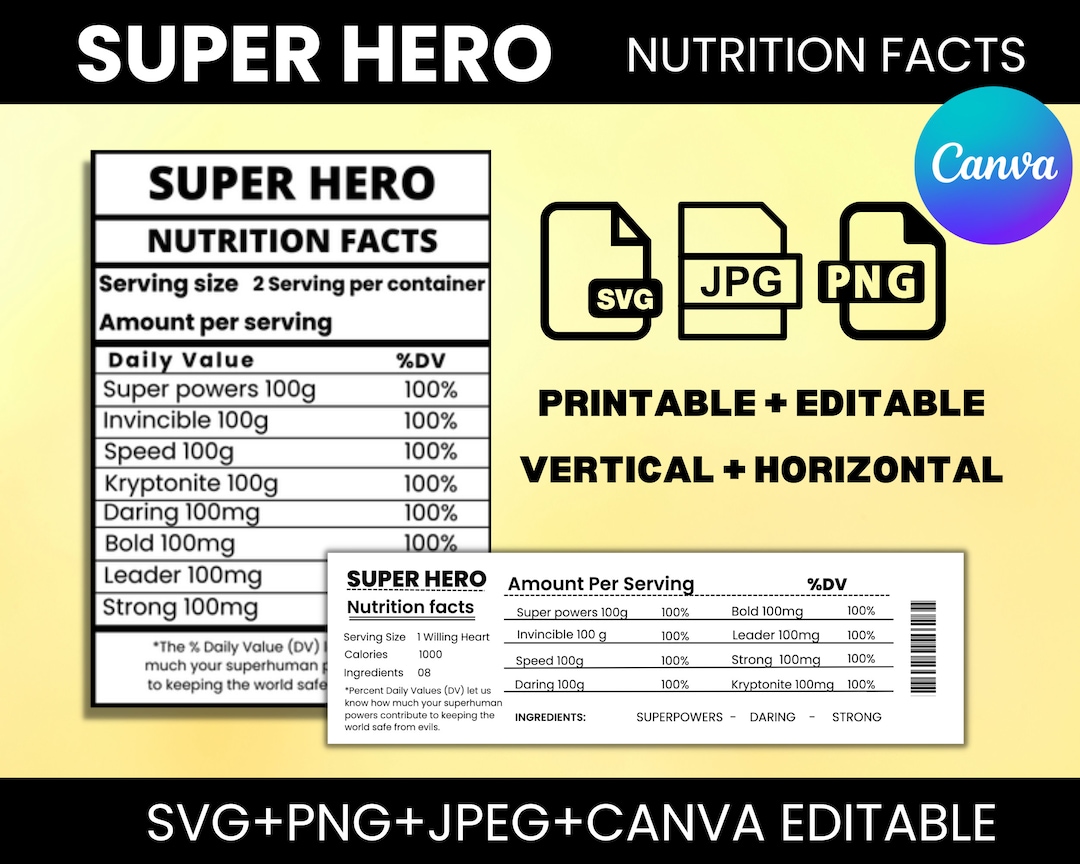 Superhero Nutrition Facts Label - Custom Label - Chip Bag - Water ...