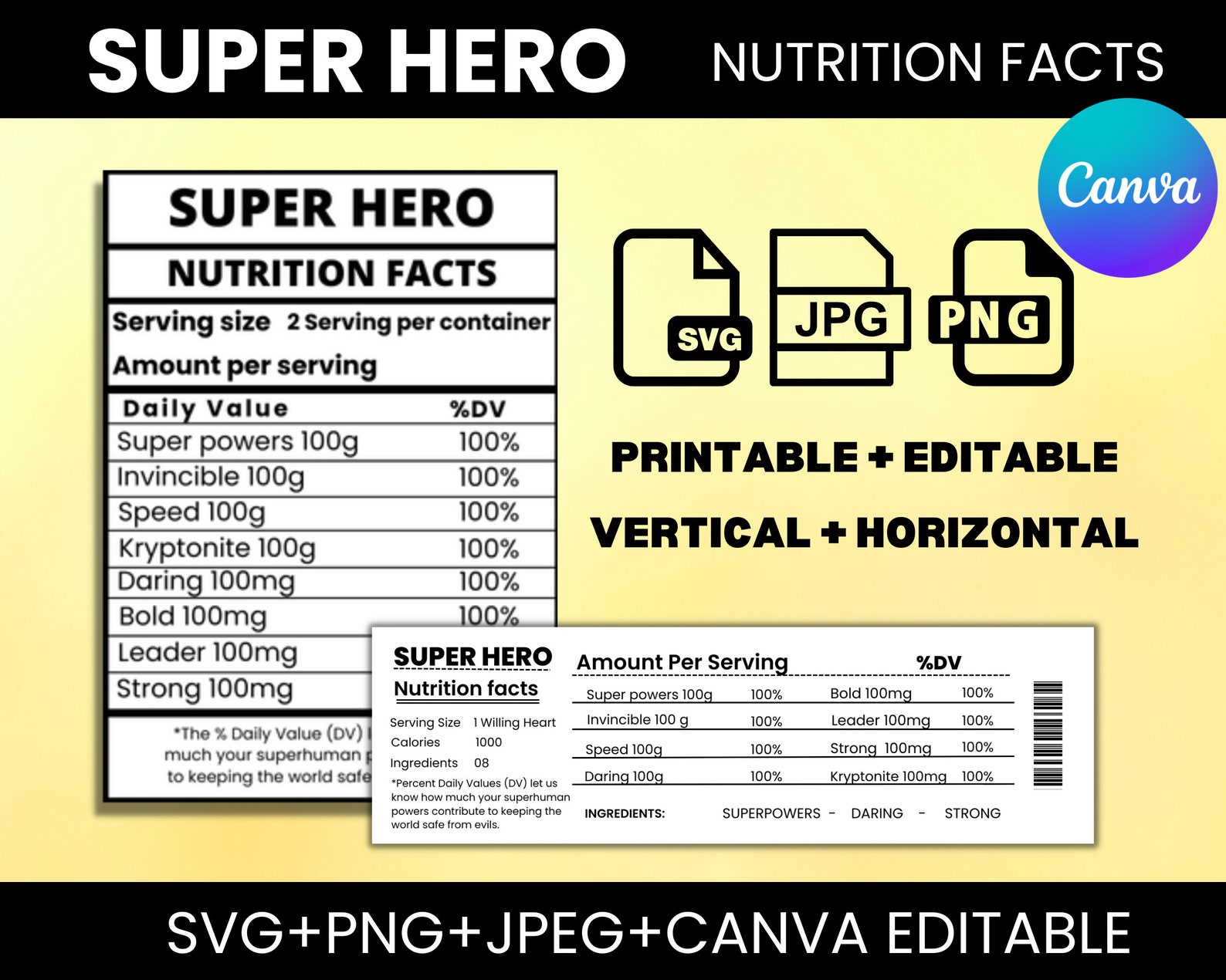 Superhero Nutrition Facts Label Template: Printable Party Favor (SVG ...