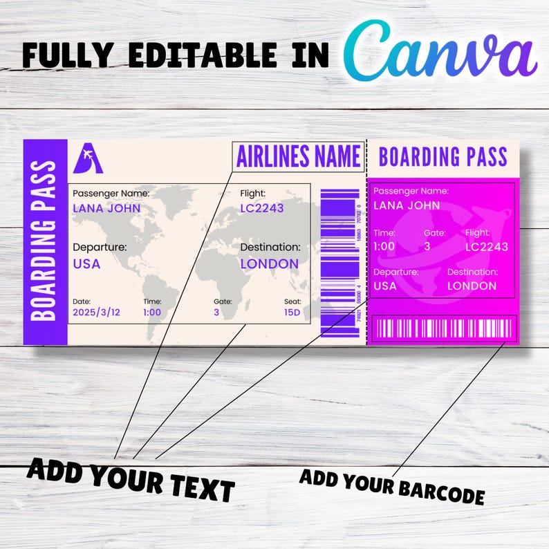 Editable Boarding Pass Template: Surprise Vacation Ticket (digital ...