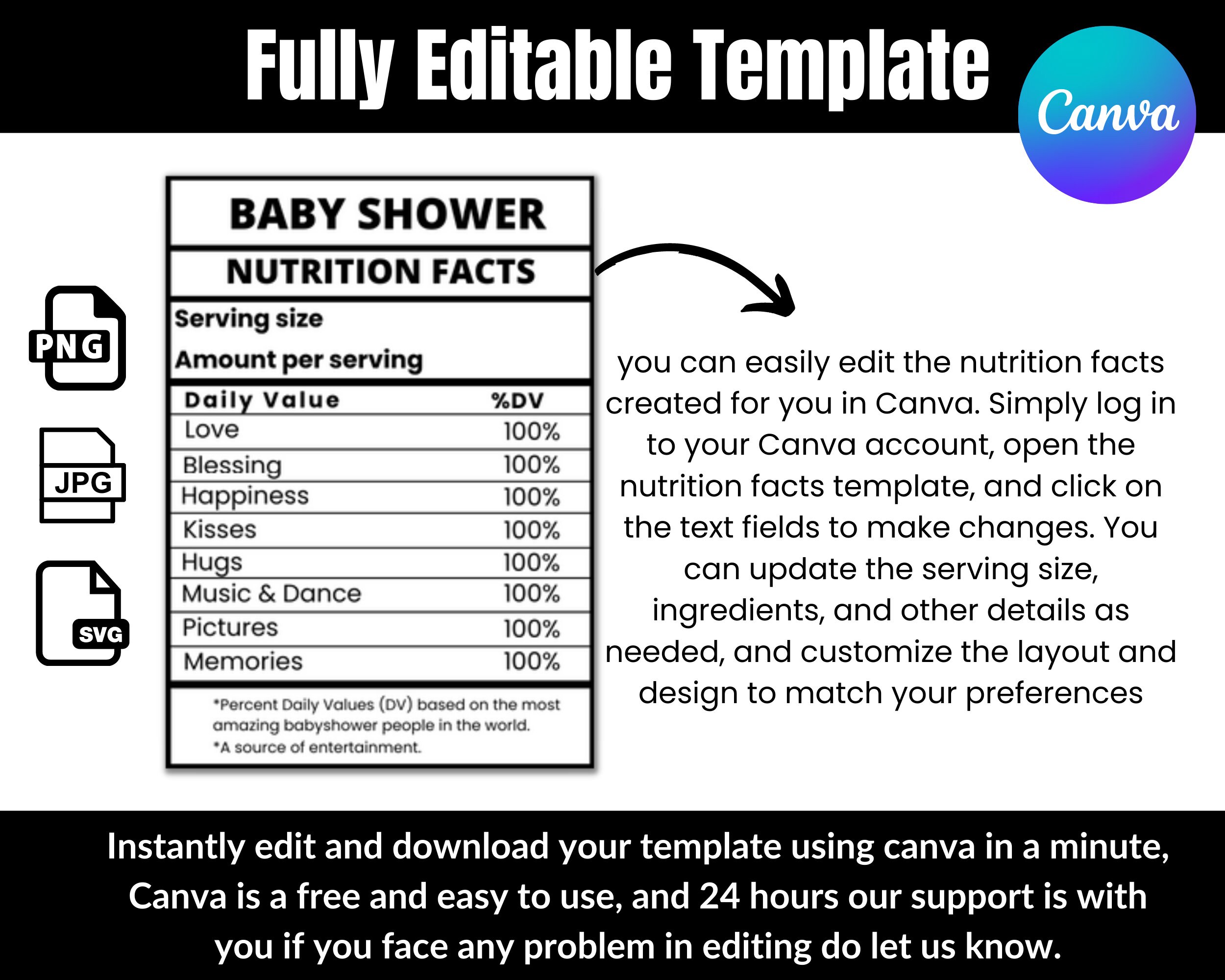 Baby Shower Nutrition Facts Label Template (SVG, PNG, PDF, Canva) - Etsy