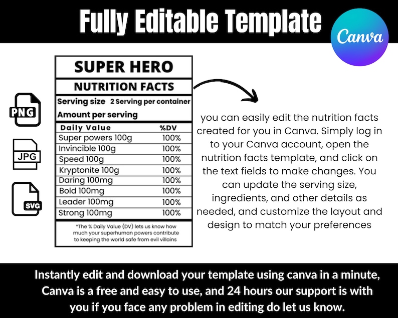 Superhero Nutrition Facts Label Template: Printable Party Favor (SVG ...