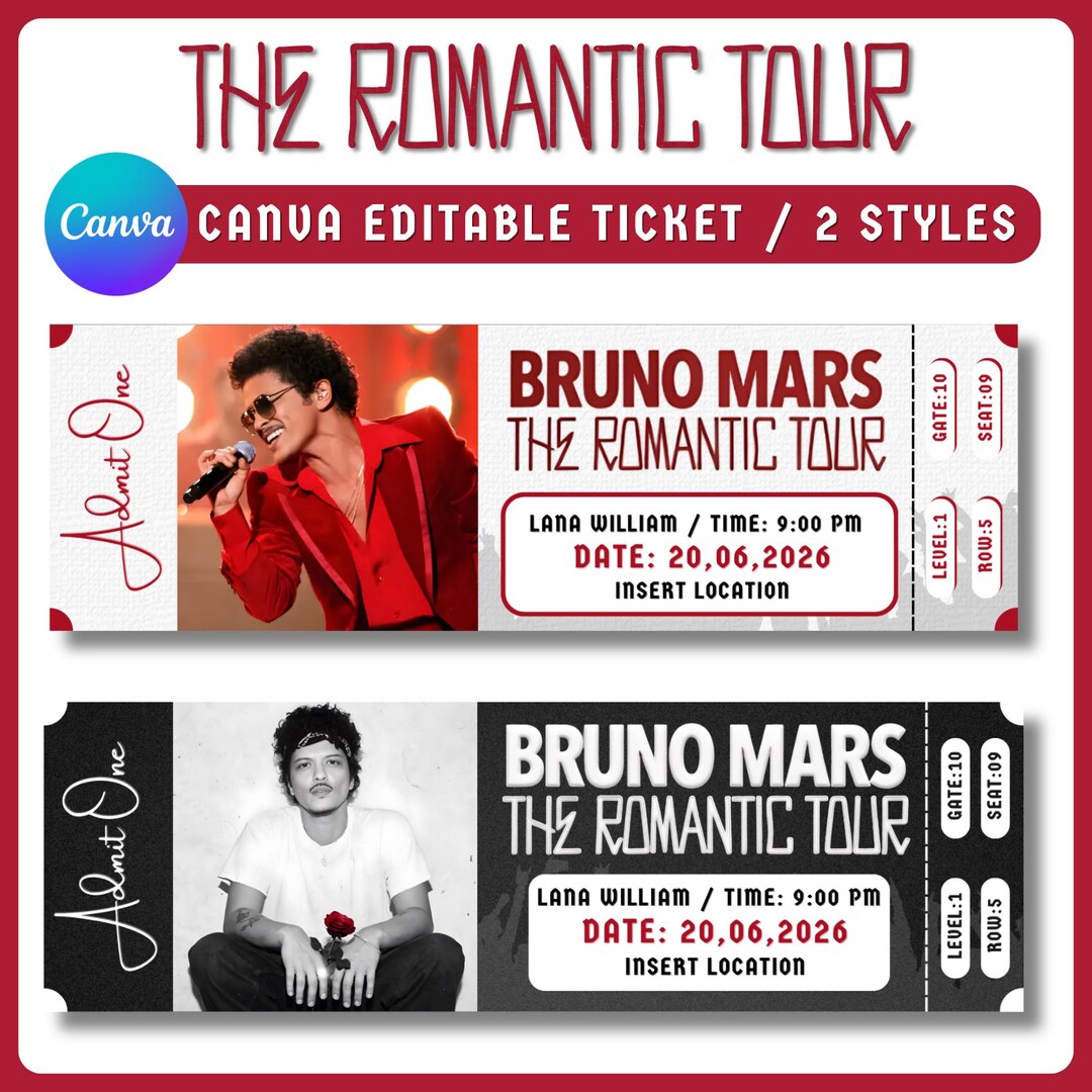 BRUNO MARS the Romantic Tour Editable Concert Ticket Template Canva ...