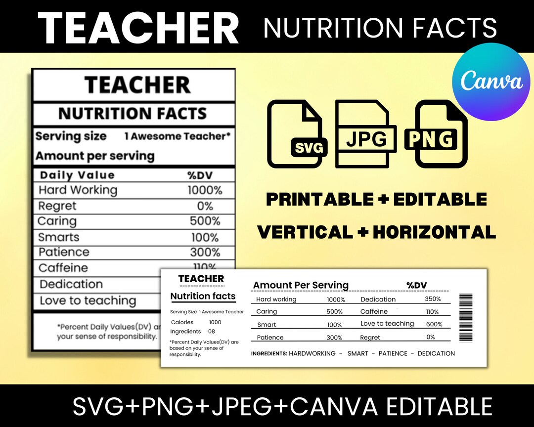Teacher Nutrition Facts Svg, Teacher Nutritional Facts Svg, Teacher ...