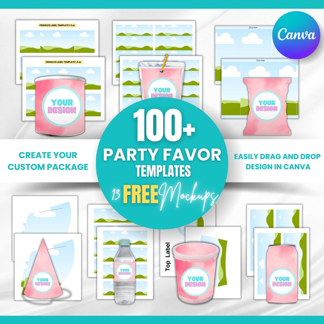 100 Party Favor Templates, Canva Frames Bundle, 13 Label Mockups ...
