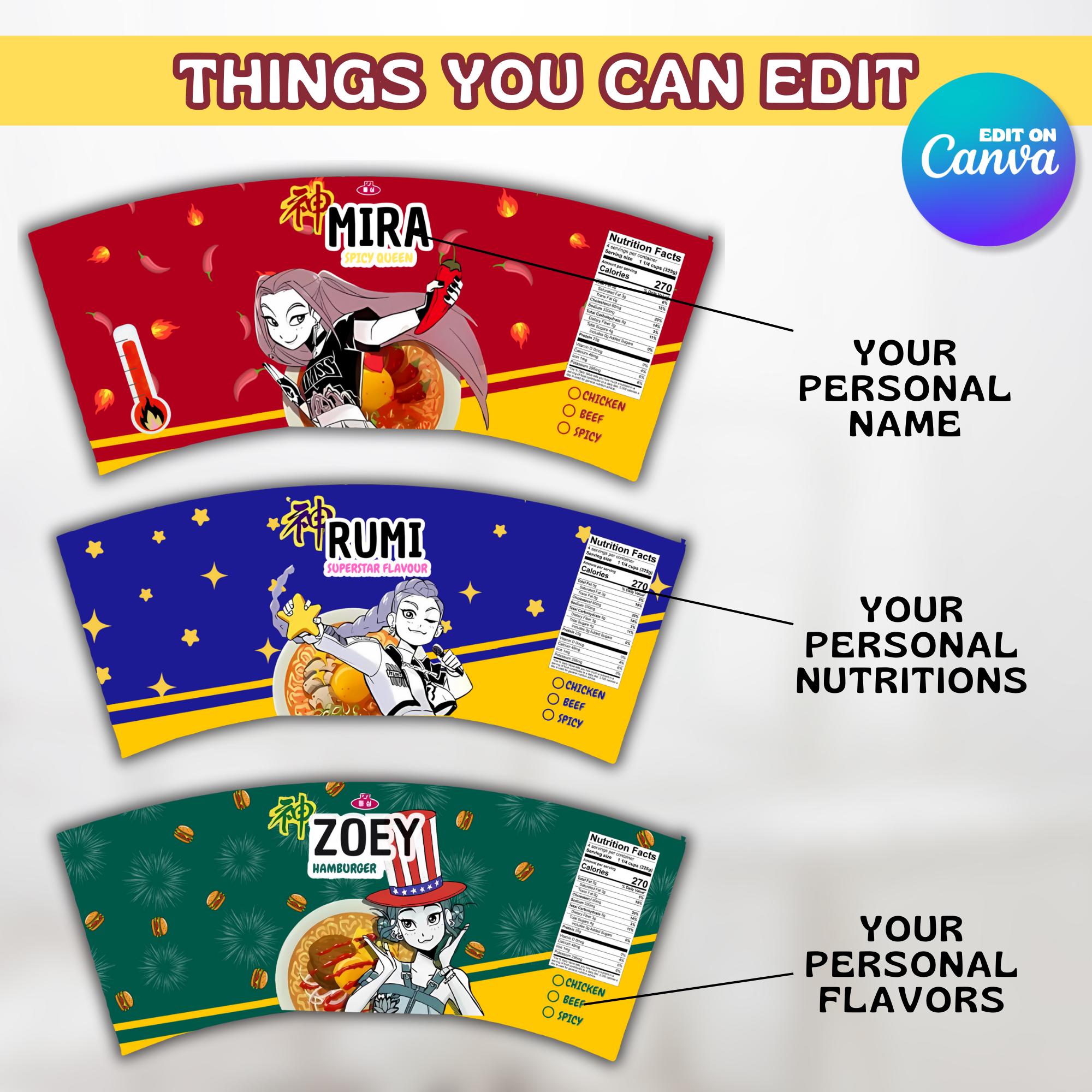 Kpop Demon Hunters Cup Noodle Labels, Cosplay Party Printables (canva ...