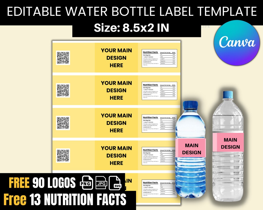Water Bottle Labels Template, Water Bottle Label Blank Template, Canva ...