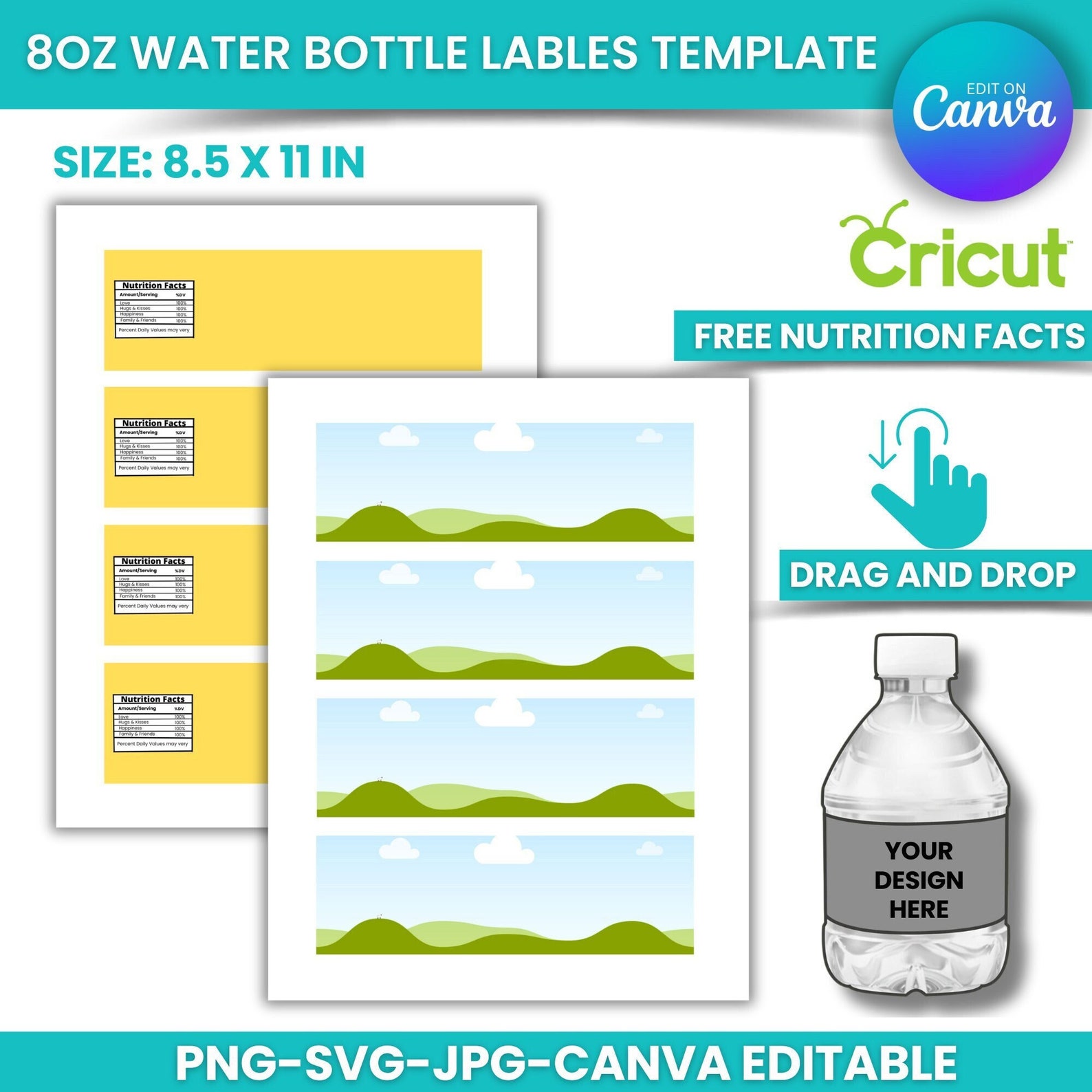 Water Bottle Label Template: 8oz Canva Editable, Cricut SVG (digital ...
