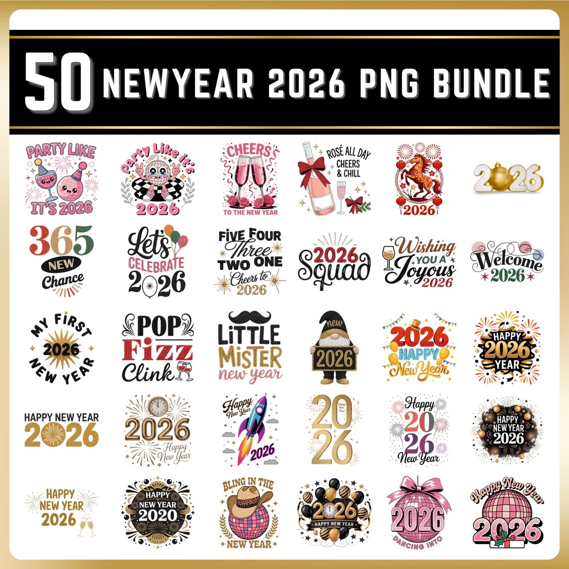 New Year PNG Bundle Happy New Year 2026 Good Vibes Only Bling in the ...
