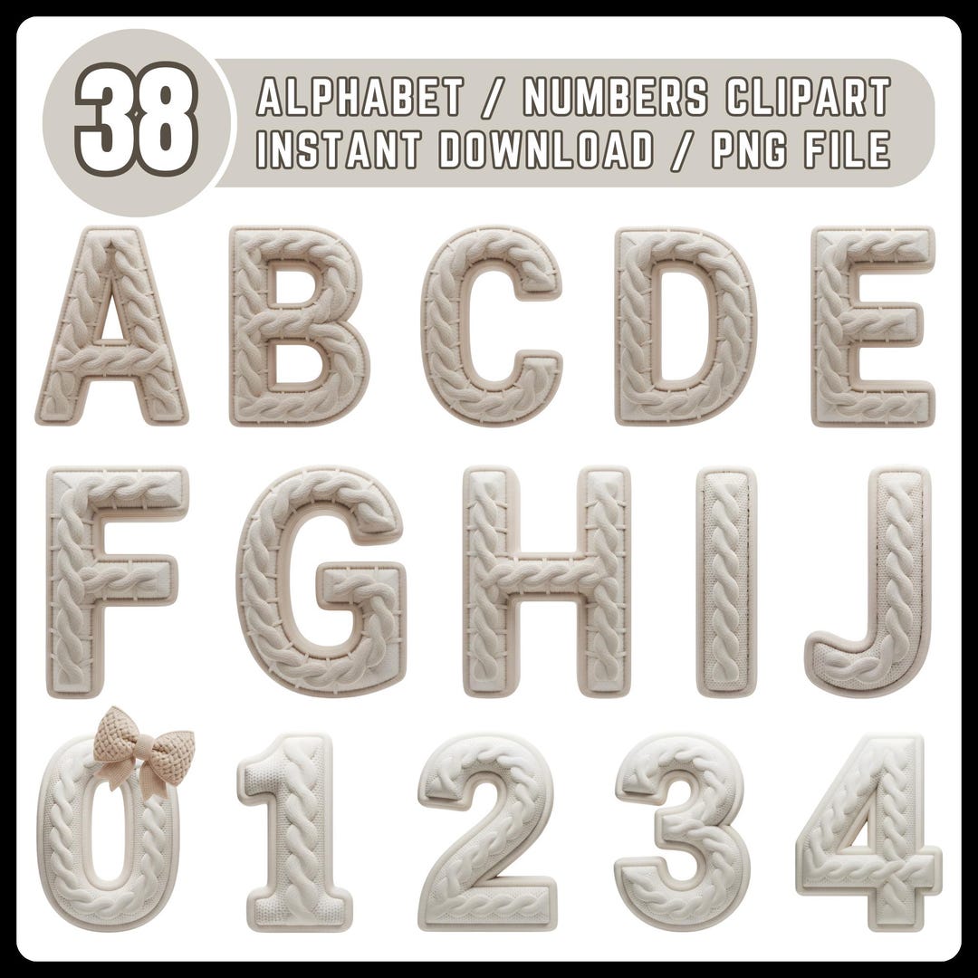 38 Alphabet Numbers Clipart PNG | Beige Woven Letters | A–Z and 0–9 ...