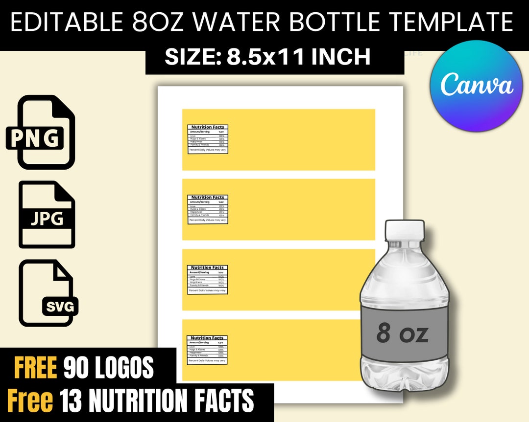 Bottle Label Template, 8 Oz Water Bottle Template, Water Bottle Sticker ...