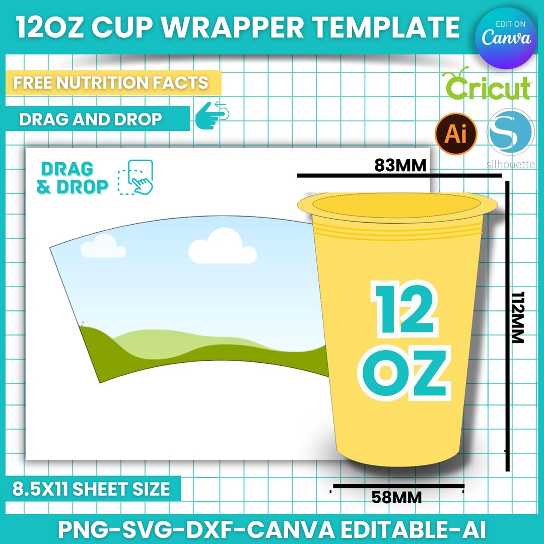 12oz Cup Wrapper Template: Editable Paper Cup, Party Favors (SVG, DFX ...