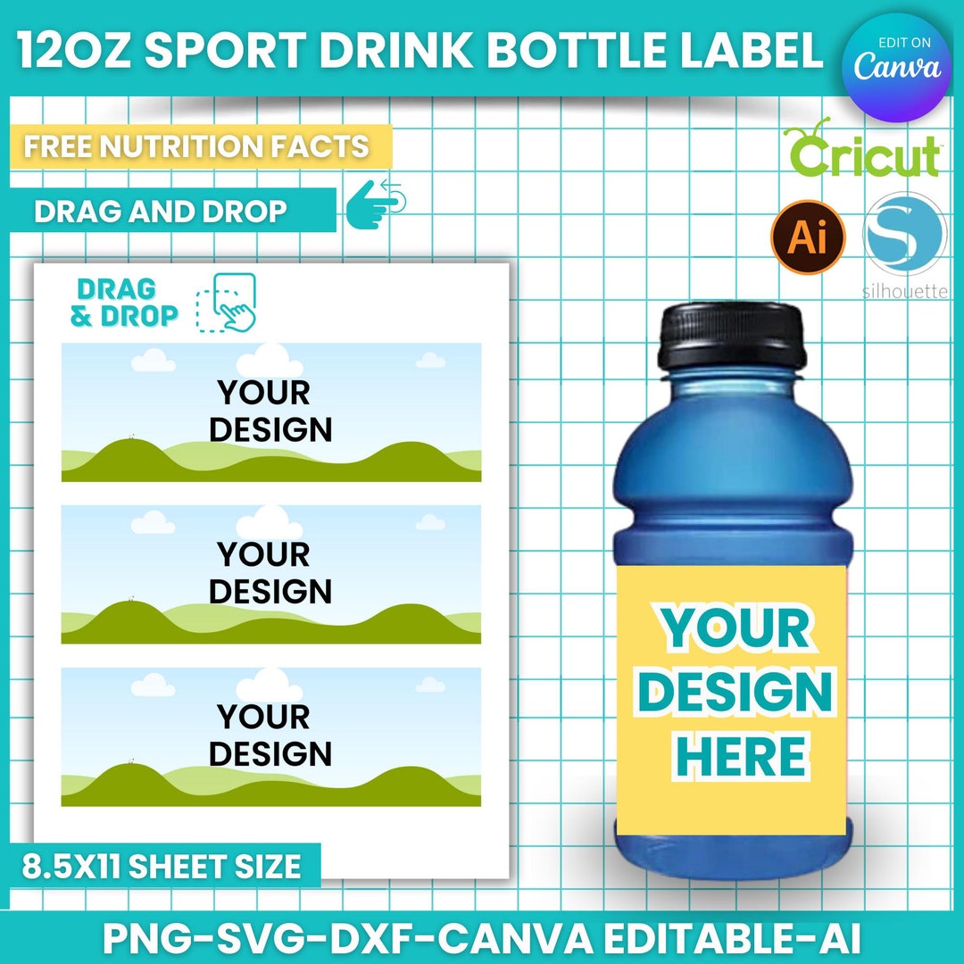 12oz Sport Drink Bottle Label Template: Editable Canva Frames (digital ...