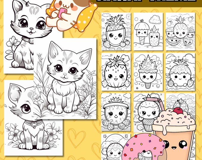 100 Cute Kawaii Coloring Pages for Kids & Adults - Printable Digital ...