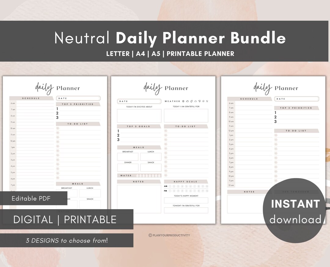 Neutral Daily Planner, Pink Printable Schedule, Everyday Reflection ...