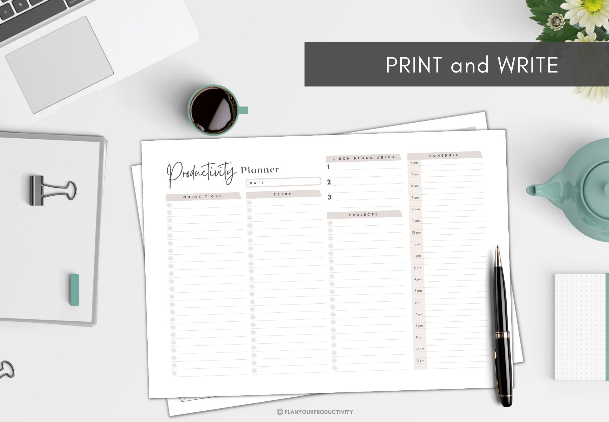 Productivity Planner, Neutral Printable Plan, Floral Daily Schedule ...