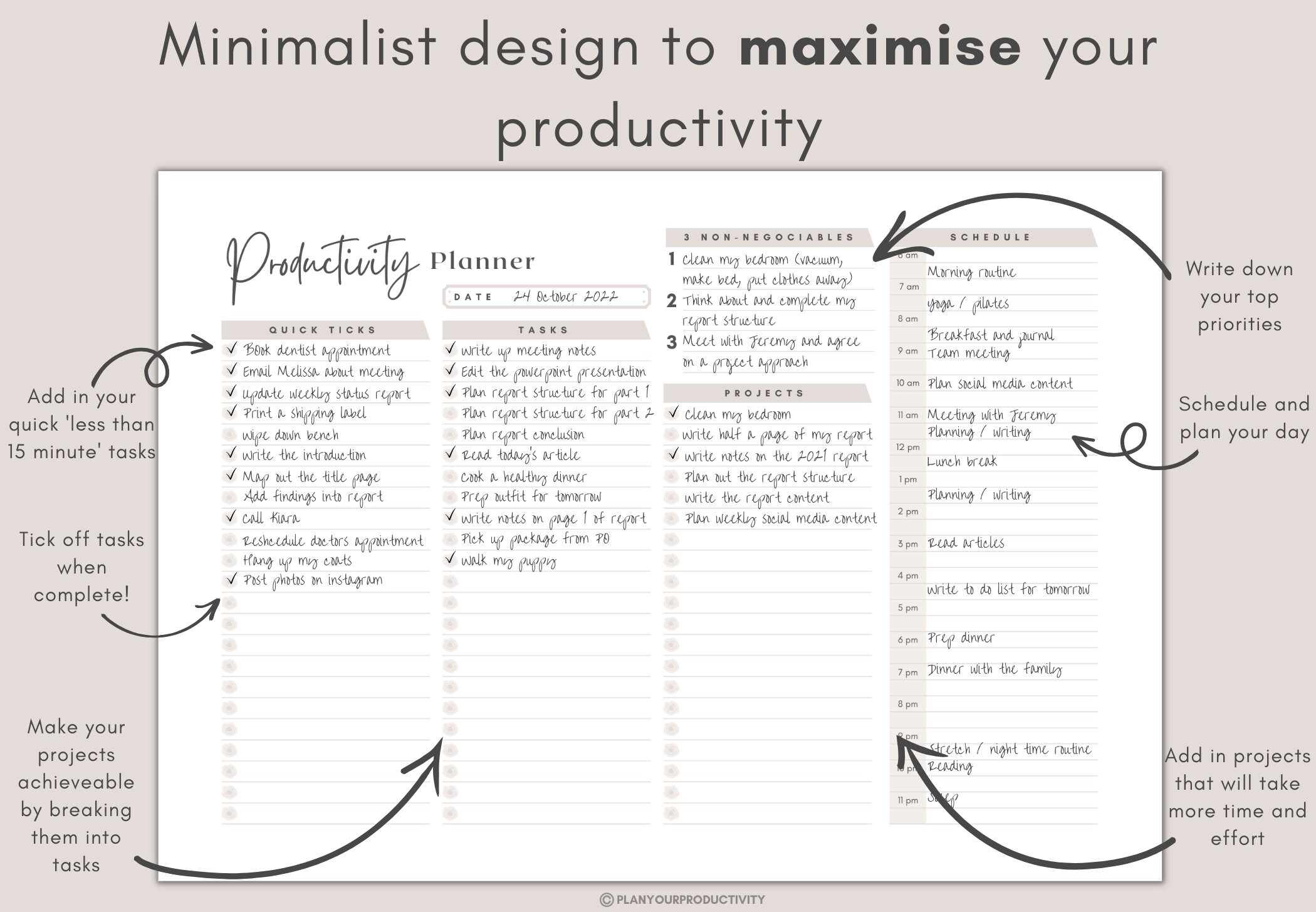 Productivity Planner, Neutral Printable Plan, Floral Daily Schedule ...