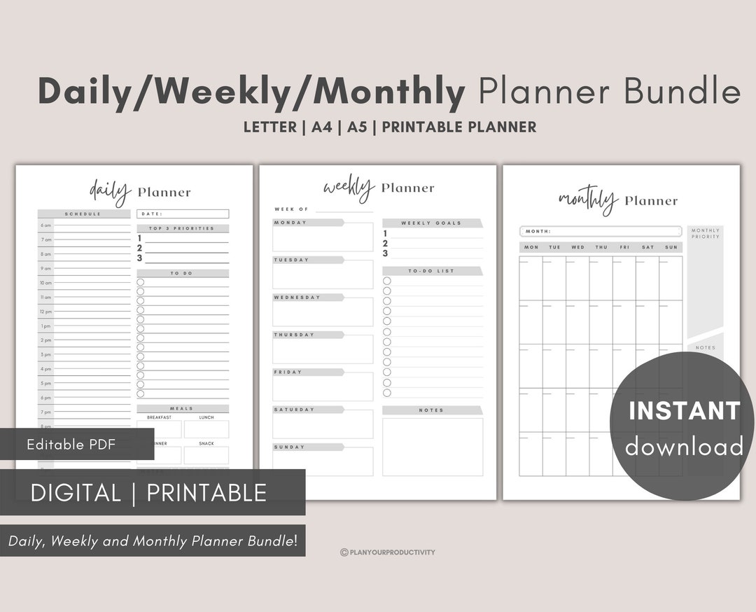 Daily Weekly Monthly Planner, Printable Schedule, Everyday Reflection ...