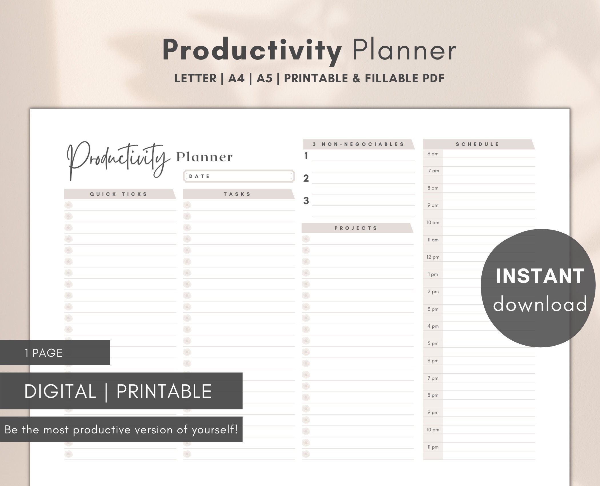 Productivity Planner, Neutral Printable Plan, Floral Daily Schedule ...
