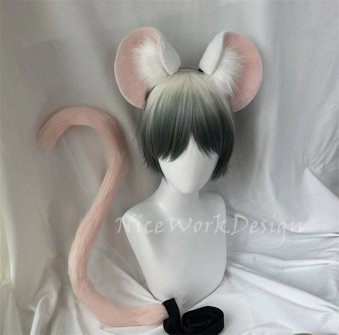 Pink White Mouse Ears Tail Kit for Cosplay Mouse Rat, Cute Faux Fur ...