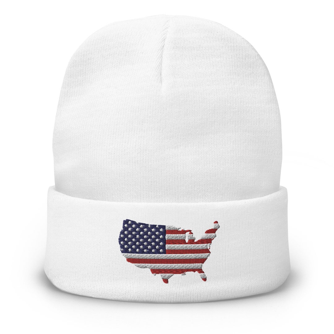 American Flag Embroidered Beanie America Outline Map Beanie Patriotic ...