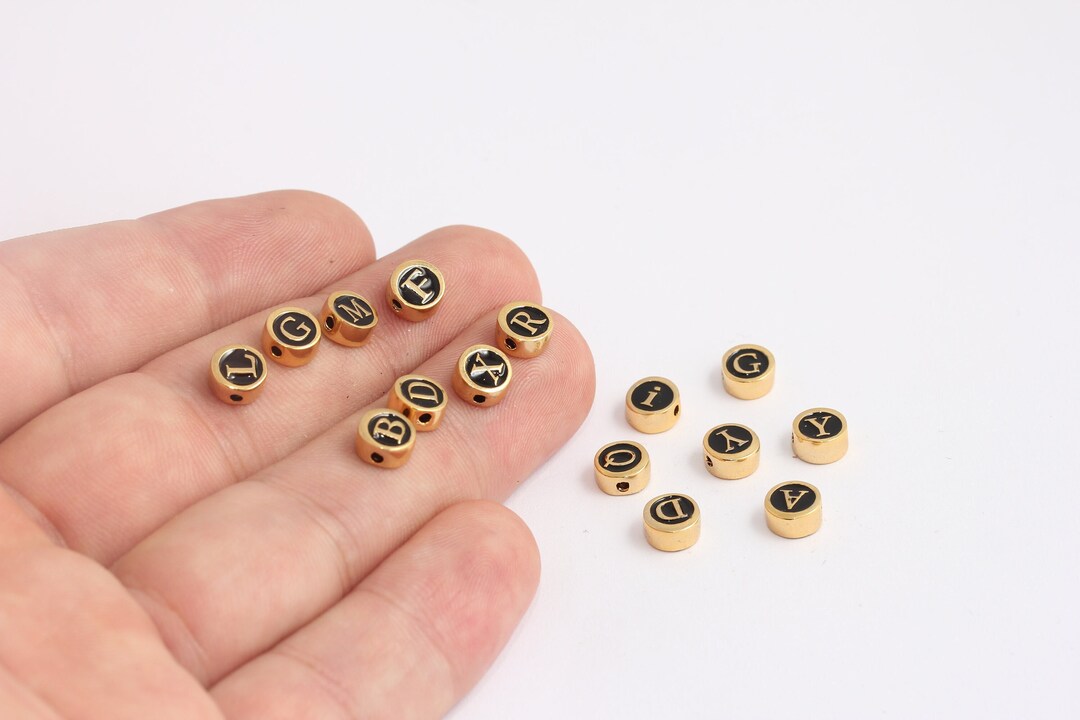 3.5x7mm 24k Shiny Gold Round Letters, Black Color Enamel Alphabet ...