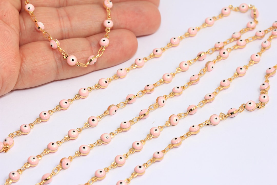 4,5mm 24k Shiny Gold Evil Eye Chain, Pink Enamel Evil Eye Beaded Chain ...