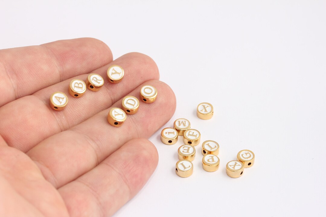 3.5x7mm 24k Shiny Gold Round Letters, White Color Enamel Alphabet ...