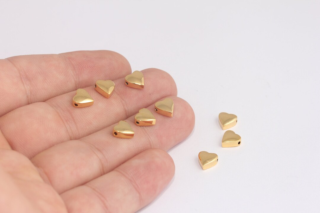 7.5mm 24k Shiny Gold Heart Beads, Spacer Beads, Mini Heart Beads, Heart ...