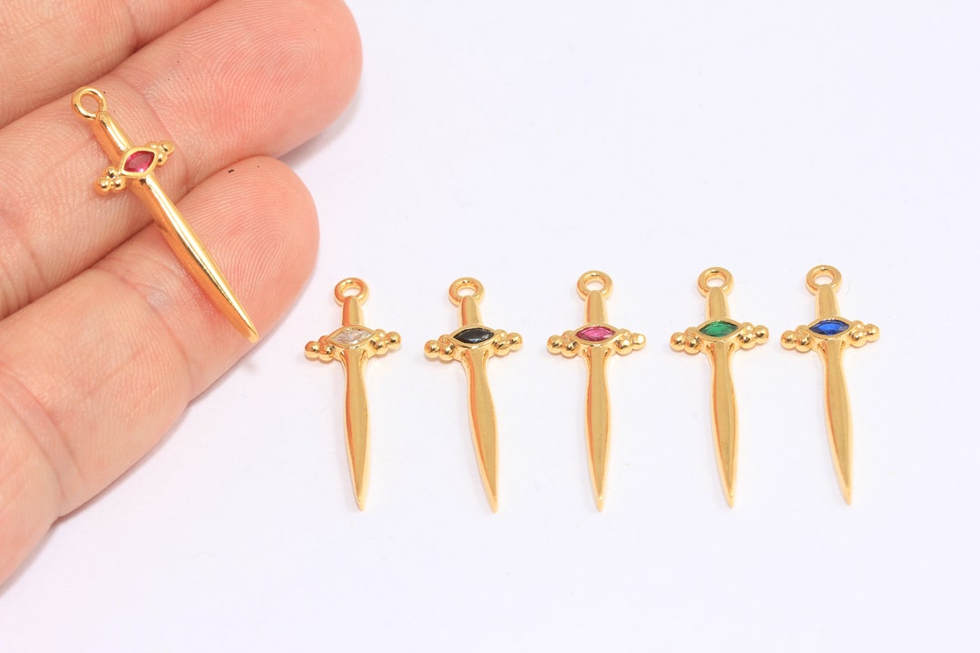 9,5x26mm 24k Shiny Gold Sword Charms, Optional Stone Color Sword Beads ...