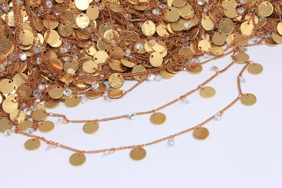 8mm Raw Brass Coin Chain, Disc Coin Chains, CZ Beaded Chain, Brass Disk ...
