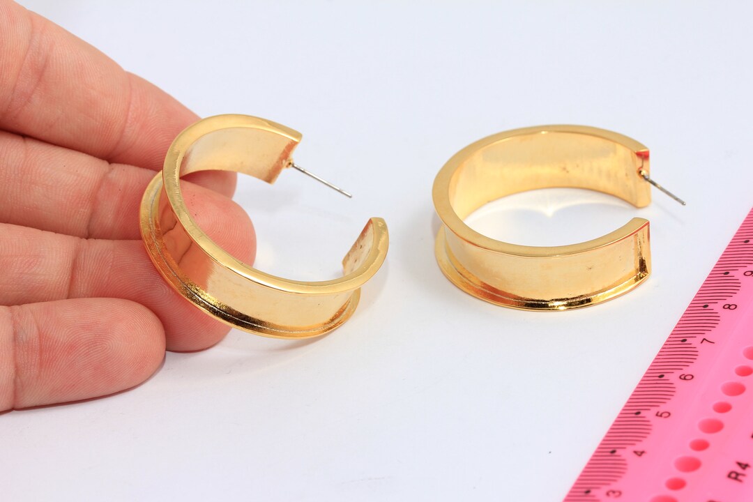 40mm Channel 24k Shiny Gold Hoop Earrings, Inlay Hoop Earrings, Channel ...