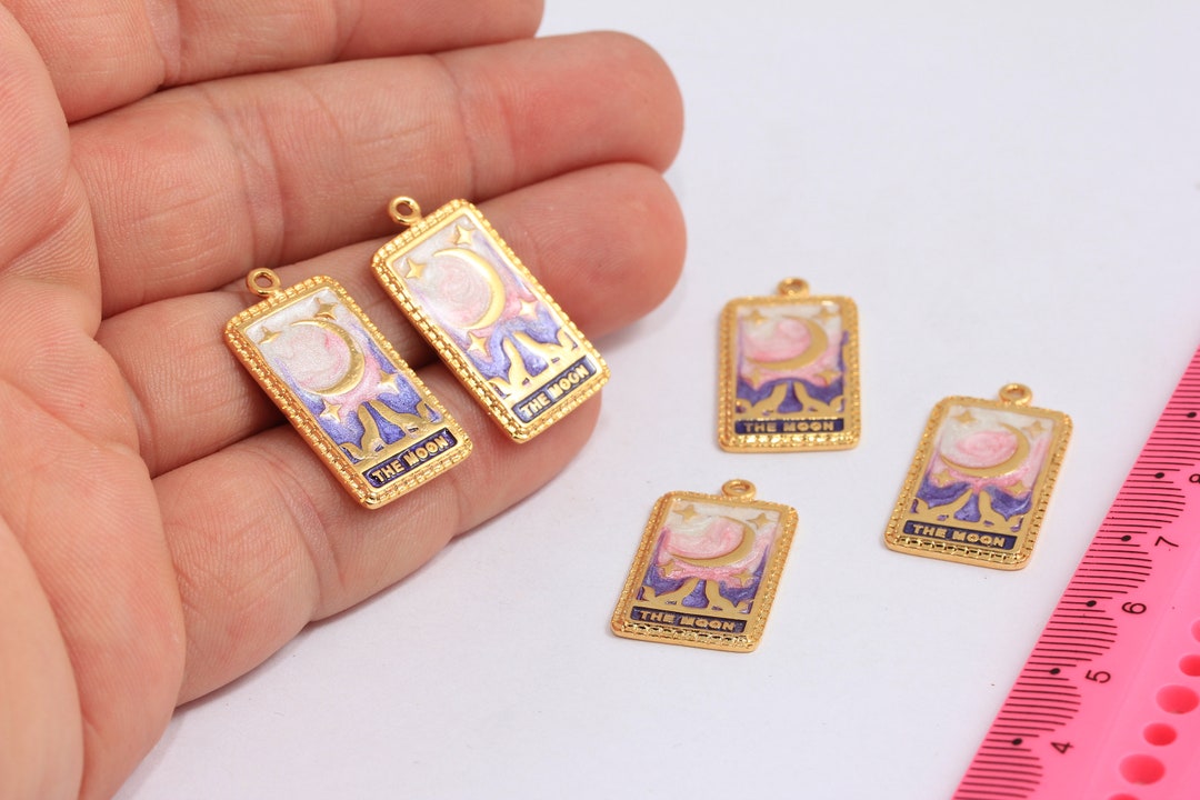 15x26mm 24k Shiny Gold Tarot Card Charms, Tarot Moon Card Charm, Enamel ...