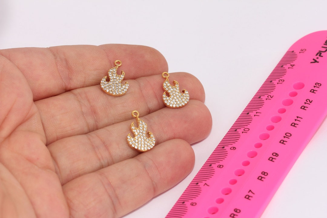 10x17mm 24k Shiny Gold Flame Charms, CZ Fire Bracelet Charms, Flame ...