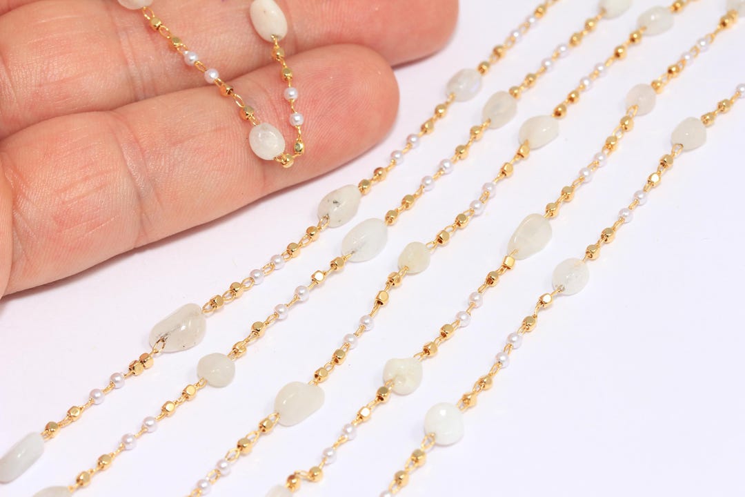 4mm 24k Shiny Gold Beaded Chain, Rosary Style Stone Chains, Delicate ...