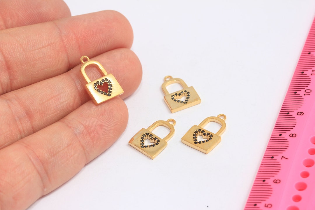 11x18mm 24k Shiny Gold Heart Lock Charms, CZ Lock Beads, Black Zircon ...
