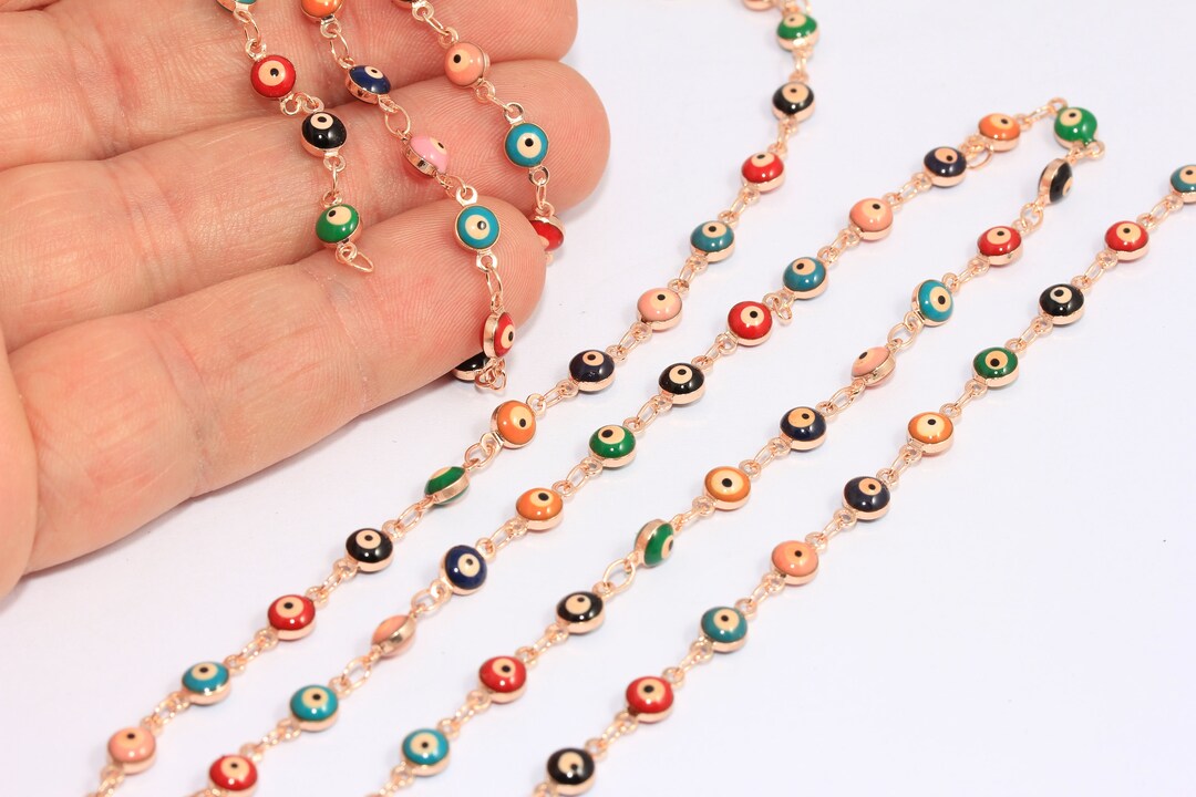 4,6mm Rose Gold Plated Evil Eye Chain, Soldered Bar Beaded Chains ...