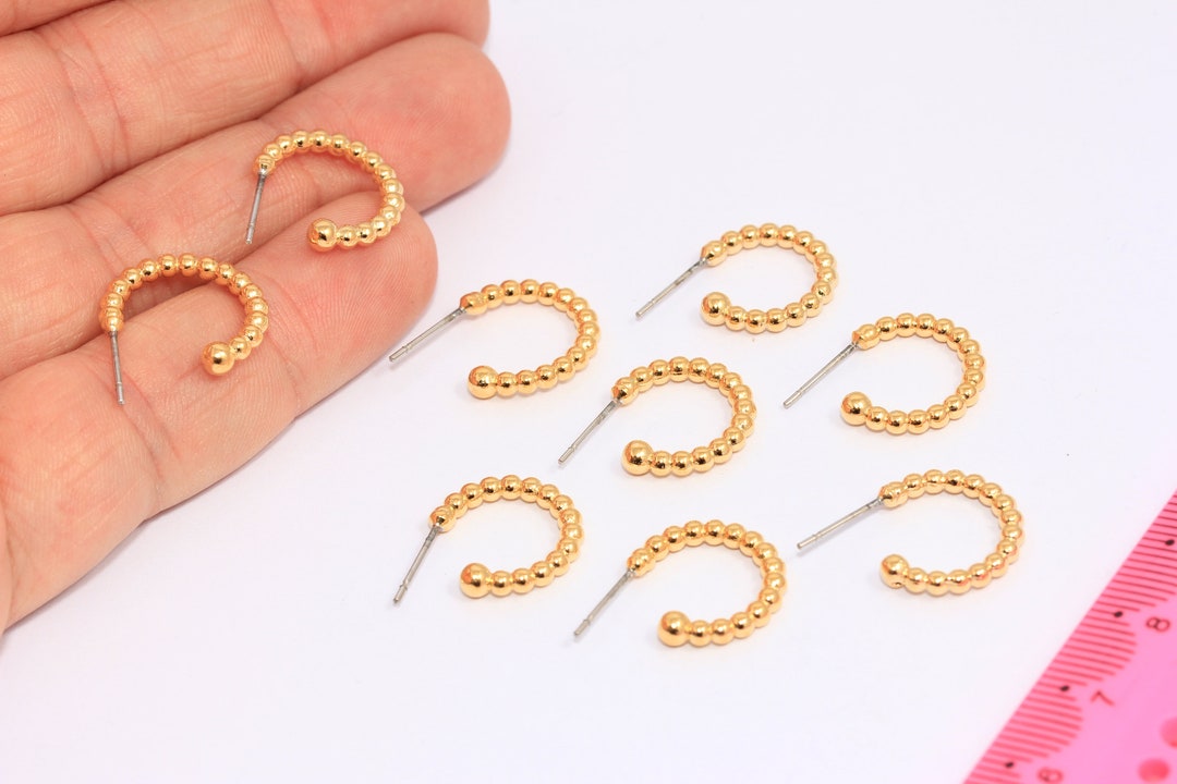 15mm 24k Shiny Gold Hoop Earrings, Ball Stud Earrings, Mini Hoop ...