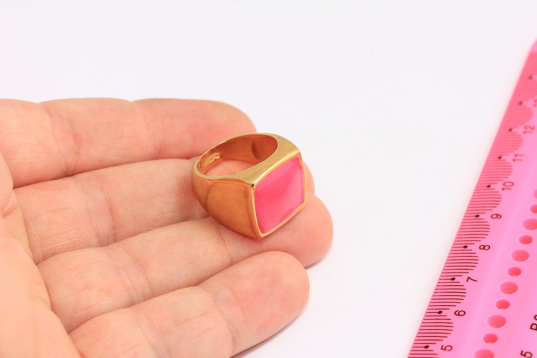 17-18mm 24k Shiny Gold Square Rings, Pink Enamel Cube Rings, Statement ...