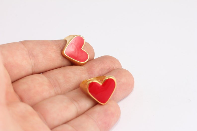 17-18mm 24k Shiny Gold Plated Heart Rings, Red Enamel Heart Ring, Heart ...