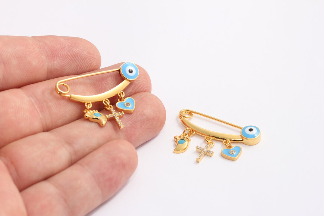 14x35mm 24k Shiny Gold Plated Evil Eye Safety Pin With Loops, Blue Evil ...