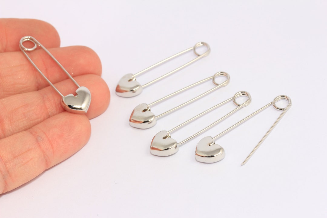 12x42mm Rhodium Plated Plated Safety Pin Charm, Heart Shaped Safety Pin ...