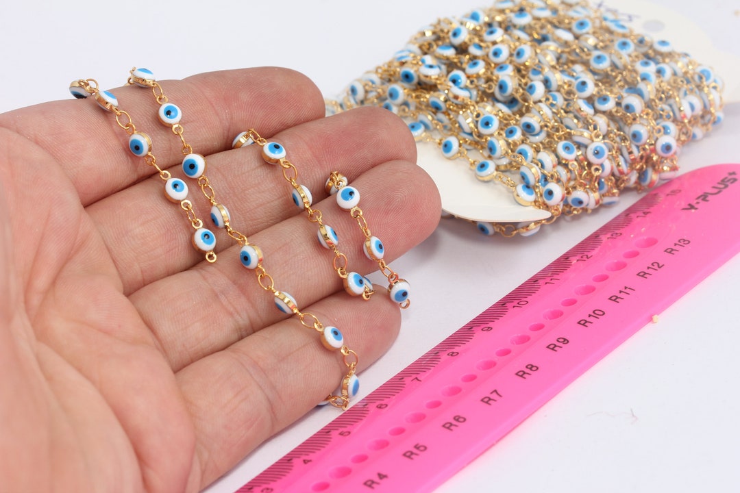 4x6mm 24k Shiny Gold Evil Eye Chain, Beaded Chains, White Enamel Beaded ...