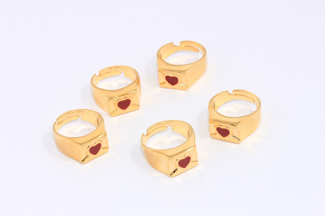 24k Shiny Gold Heart Ring, Adjustable Cube Gold Ring, Red Enamel Heart ...