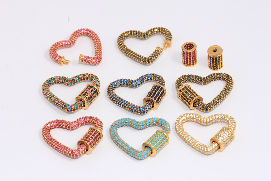 23x27mm 24k Shiny Gold Heart Screw Clasp, Micro Pave Heart Screw Clasp ...
