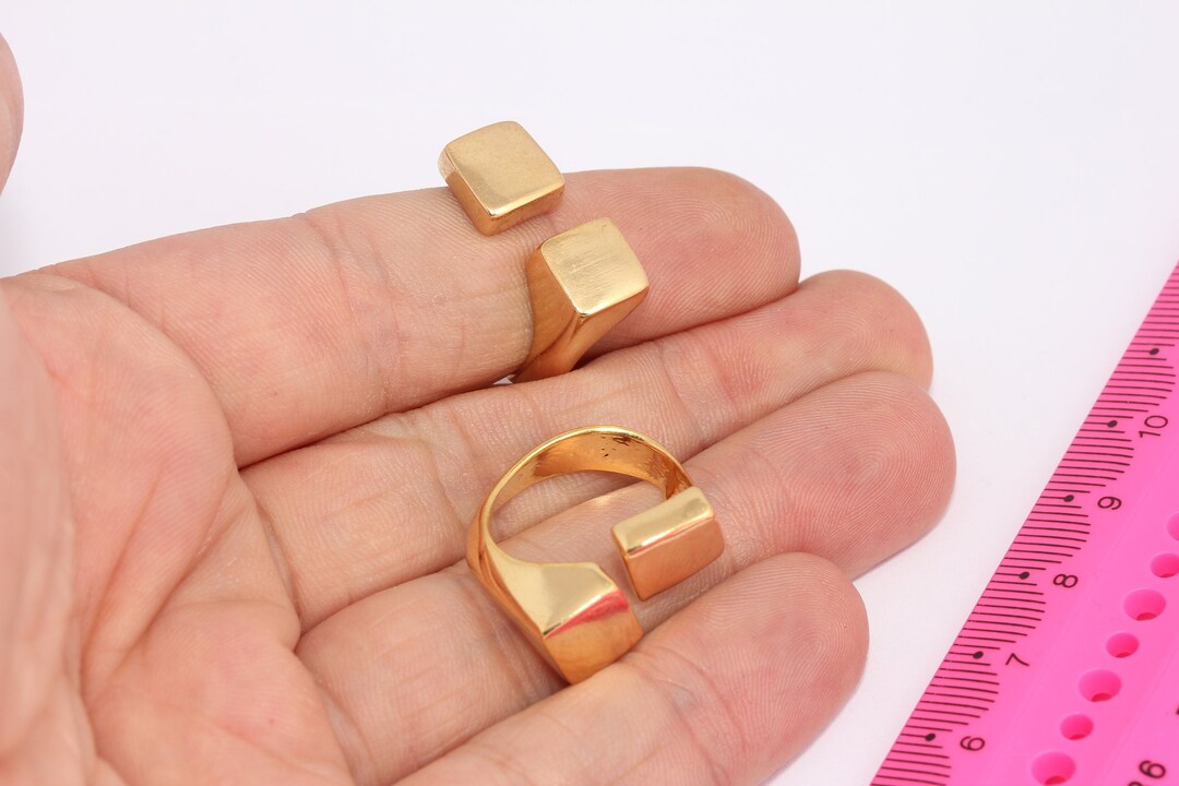 Shiny Gold Plated Cube Rings, Adjustable Ring Settings, Statement Ring, Gold Block Rings ...