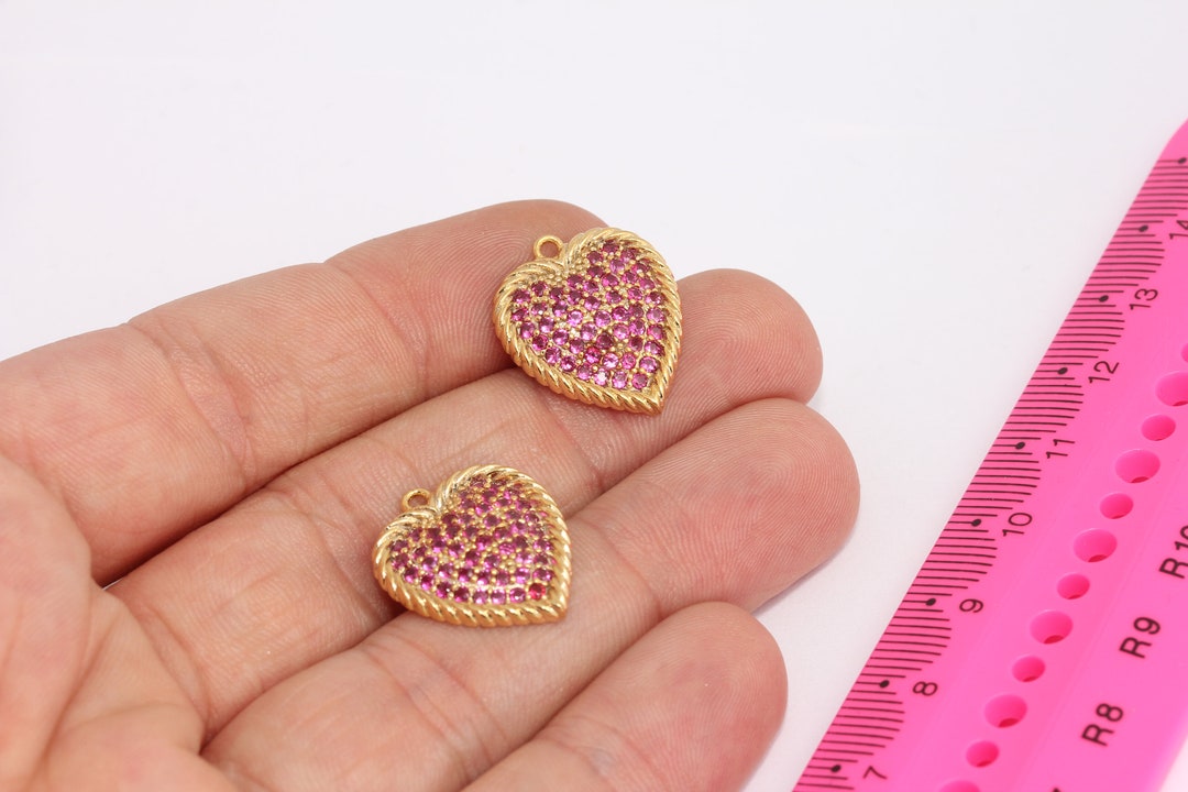 24k Shiny Gold Heart Charm, Micro Pave Heart, Purple Stone Heart Charms ...