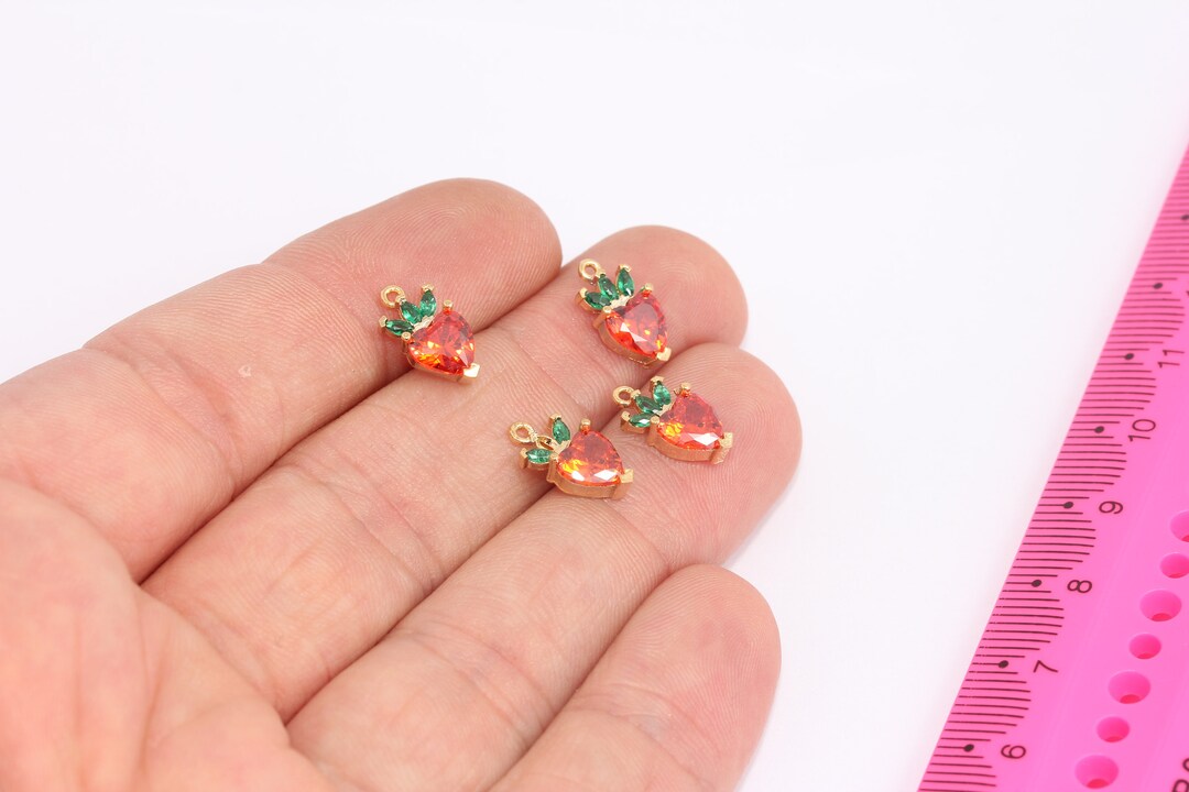 6,5x12mm 24k Shiny Gold Strawberry, CZ Strawberry Charms, Colorful Stone Charms, CZ Red ...