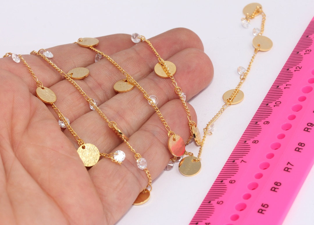 8mm 24k Shiny Gold Coin Chain, Coin Bracelet Chain, CZ Drop Beaded ...